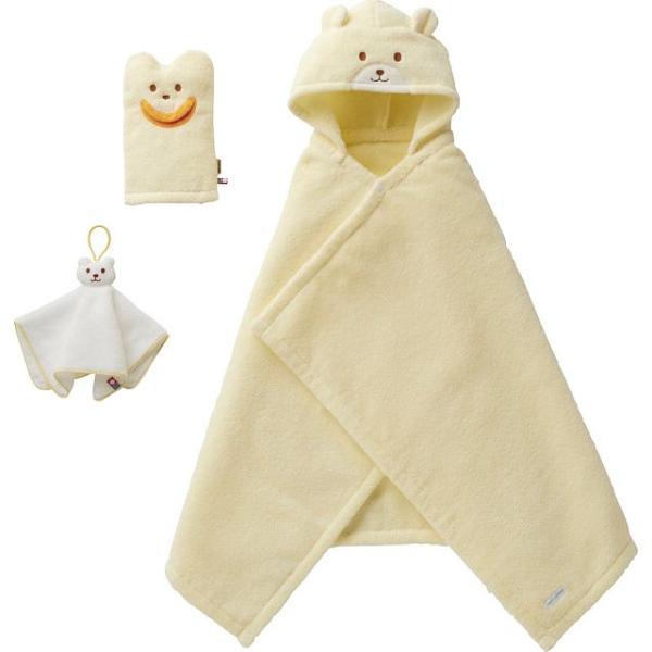 お肌に優しく、吸水性に優れた無撚糸を使用したフード付きバスポンチョ。　バスポンチョ、バスミトン、ミニタオルの３点セットです。　対象年齢：新生児〜２歳頃まで　　　【商品内容】●セット内容＝バスポンチョ、ハンドタオル、バスミトン×各１●家庭洗濯...