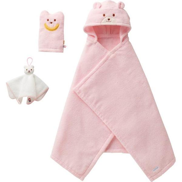 お肌に優しく、吸水性に優れた無撚糸を使用したフード付きバスポンチョ。　バスポンチョ、バスミトン、ミニタオルの３点セットです。　対象年齢：新生児〜２歳頃まで　　　【商品内容】●セット内容＝バスポンチョ、ハンドタオル、バスミトン×各１●家庭洗濯...