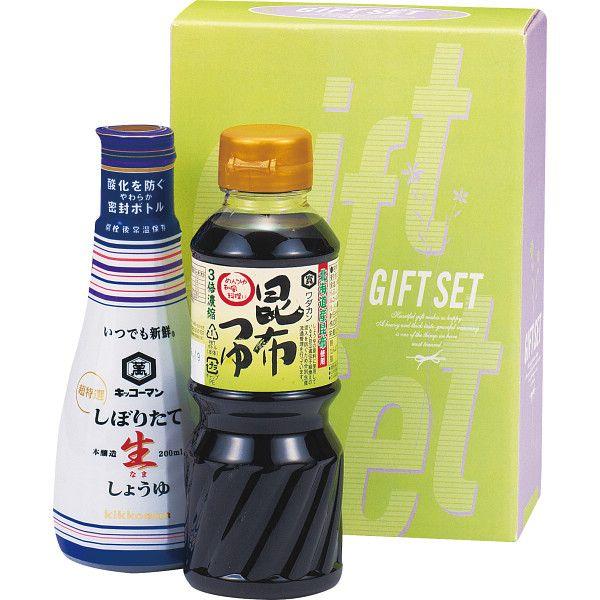 テーブルサイズの調味料セットです。　　【商品内容】●キッコーマンいつでも新鮮しぼりたて生しょうゆ２００ｍｌ、ワダカン昆布つゆ３００ｍｌ　【原産国】日本　【加工地】日本　【箱サイズ】13.5×6.7×19cm　【箱入重量】720g　【宅配区分...
