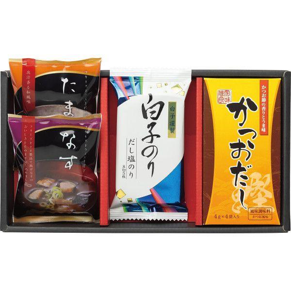 根強い人気のフリーズドライをメインに定番品として好まれる食材をセットにしました　　【商品内容】●なす味噌汁（フリーズドライ）×１、たまごスープ（フリーズドライ）×１、白子だし塩のり（８切５枚）×１、かつおだし（４ｇ×４袋）×１　【箱サイズ】...