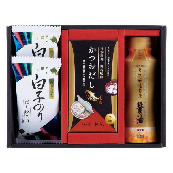 ミシュランが認める日本料理店「神谷」監修の味をご家庭でもお楽しみください　　【セット内容】セット内容/白子だし塩のり（8切5枚） ×2、かつおだし（4g×8袋）・伊賀越 天然醸造醤油（200ml）×各1　【本体重量】0.57kg　【箱サイズ...