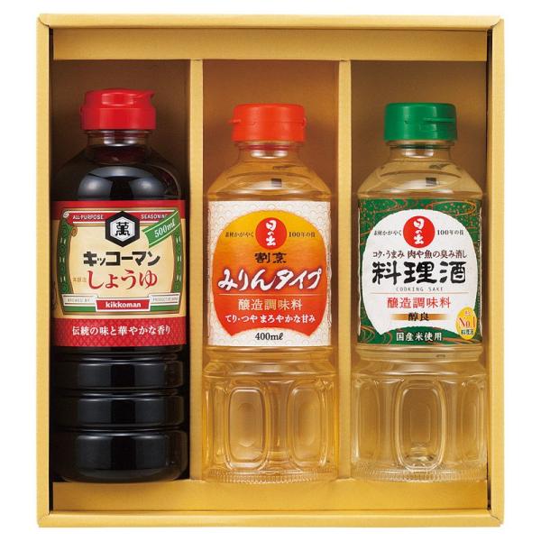 【セット内容】キッコーマンこいくちしょうゆ（500ml）・日の出（料理酒・割烹みりんタイプ）（各400ml）×各1　【本体重量】1.7kg　【箱サイズ】25.5×23×7.5cm　【賞味期間】常温1年　【アレルゲン】小麦　【アレルゲンその他...