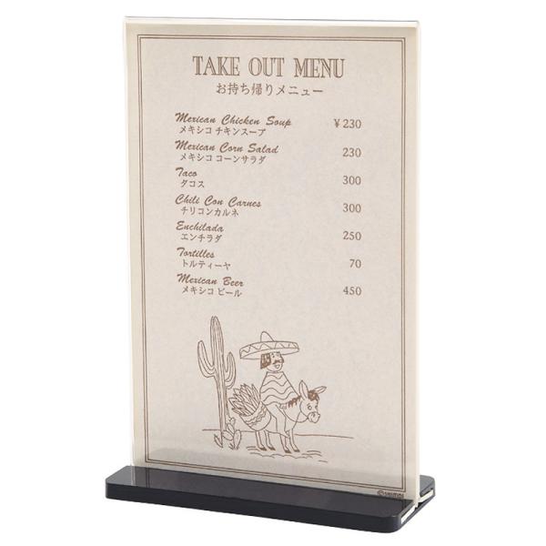 スライド式アクリルメニュースタンドです。<br>ドリンクメニュー／おすすめメニューなどに最適です。<br><br>規格:ESS-5・Bスライドタイプ縦型(葉書サイズ)<br>サイズ外寸(幅×高...