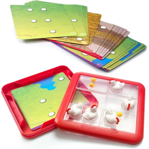 スライドパズルゲームで脳を刺激しよう!　卵が配置された問題カードを選んでボードにセットしたら、ニワトリのパズルピースをスライドさせて、全ての卵の上に配置できたらクリア!　チャレンジ問題はスターターからマスターまで4レベル、だんだん難しくなる...