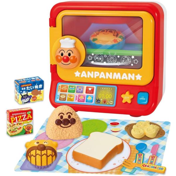 チン! すると、こんがり色が変わるオーブンレンジ! 選べるクッキングメニューは8種類! メロディが流れて「ピピー!」と音が鳴ったら完成。　ドアを開けると中がピカピカ光って、ファンファーレの後にアンパンマンやなかまたちがメニューに合ったおしゃ...