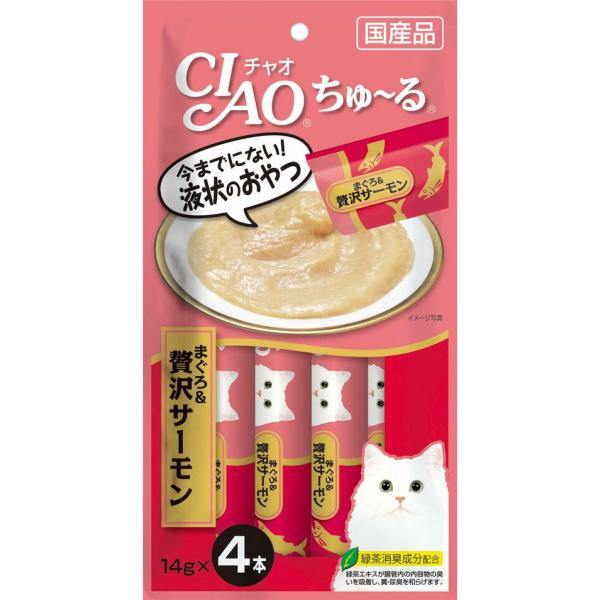 液状おやつです。舐めて食べられるので、子猫や高齢猫ちゃんも食べやすいおやつです。まぐろとサーモンの贅沢な味わい。　　【原材料】　まぐろ、サーモン、鮭エキス、タンパク加水分解物、糖類(オリゴ糖等)、植物性油脂、増粘剤(加工でん粉)、ミネラル類...
