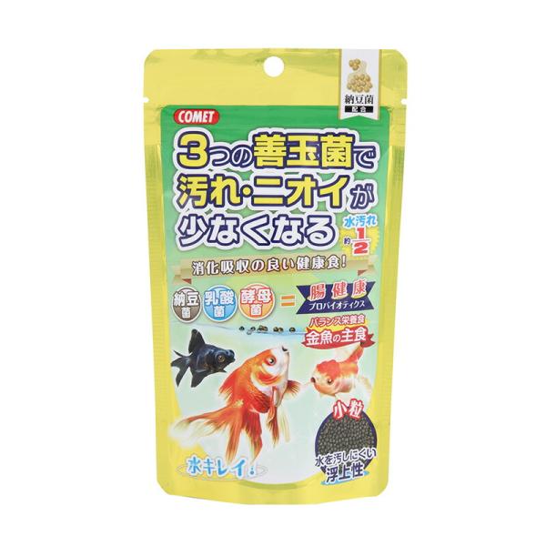 3つの善玉菌の力で臭い・汚れが少なくなる、金魚のバランス栄養食小粒　　納豆菌に加え、新たに乳酸菌と酵母菌を配合。　この3つの善玉菌の力で金魚の腸内細菌のバランスを整え、水の汚れや嫌なニオイを減らします。　健康に育つビタミン配合のバランスフー...