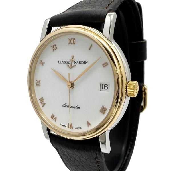 【商品名】ユリスナルダン サンシアー デイト コンビ PG/SS メンズ ULYSSE NARDIN ユリス・ナルダン【型番】１３５−２２【参考定価】ーーー【ムーブメント】　自動巻き【素材】　　ＰＧ／ステンレススチール／革バンド【ケース幅（...