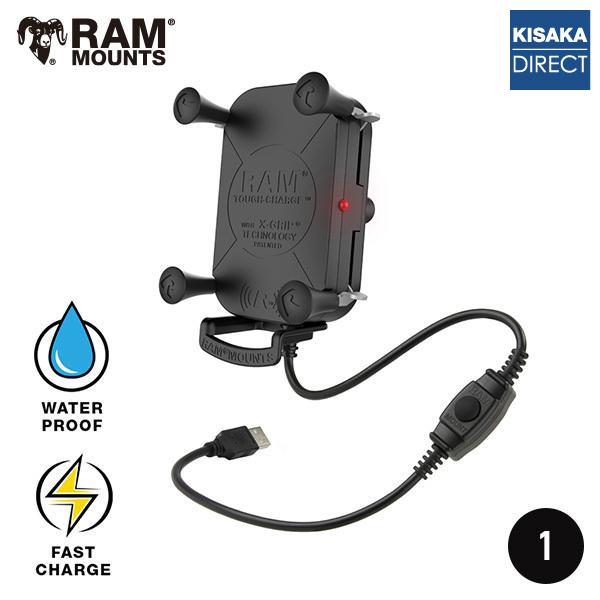 商品コード：142102RAMマウント社によって特許取得済の、ユニバーサル防水ワイヤレス充電ホルダーです。ワイヤレス給電の国際標準規格Qi(チー)に対応しており、ワイヤレス充電をしつつ、特徴的な「X」型デザインのスプリング式アームによってデ...
