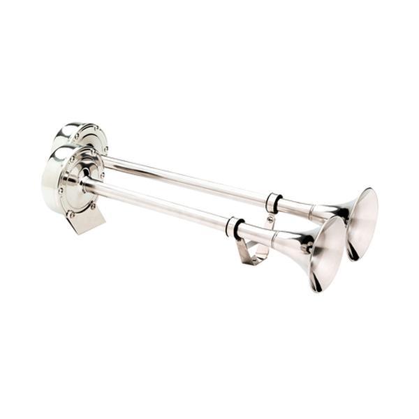 商品コード：314561ステンレス製のトランペットホーンです。ラバーパッド付きで防振タイプです。◆トランペット数：ダブル◆サイズ(全長)：527mm◆音量：109db◆電源：DC12V