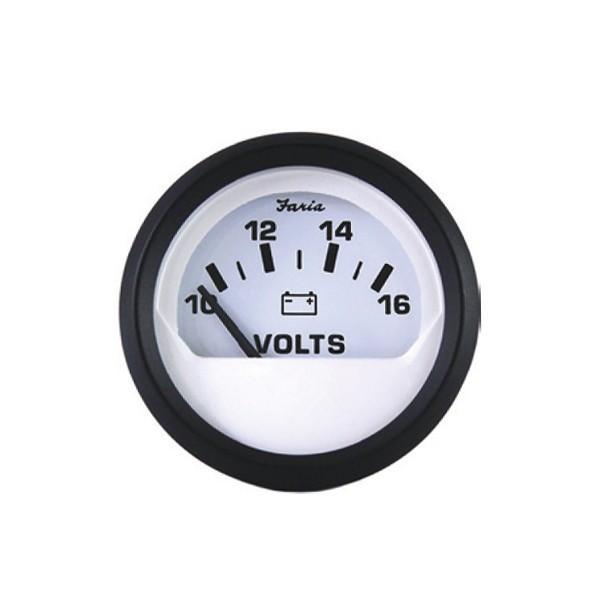 商品コード：612911FARIA(ファリア)製の白色ボルトメーター(電圧計)です。バッテリー電源系統へ接続してください。◆穴開けサイズ：52mm◆ベゼル外径：57mm◆EURO(ユーロ)◆電源：12V専用◆マウントキット付属