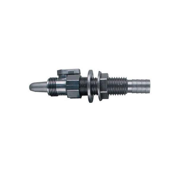 商品コード：700288ライブウェル用の開閉バルブ付きスプレーヘッドです。1ヶ所のスリット部分(排出口)から放射状に水を放出します。※取り付けスペースに応じては別途、L型のタイプもございます。◆適合ホース径：3/4インチ　(19mm)◆全長...