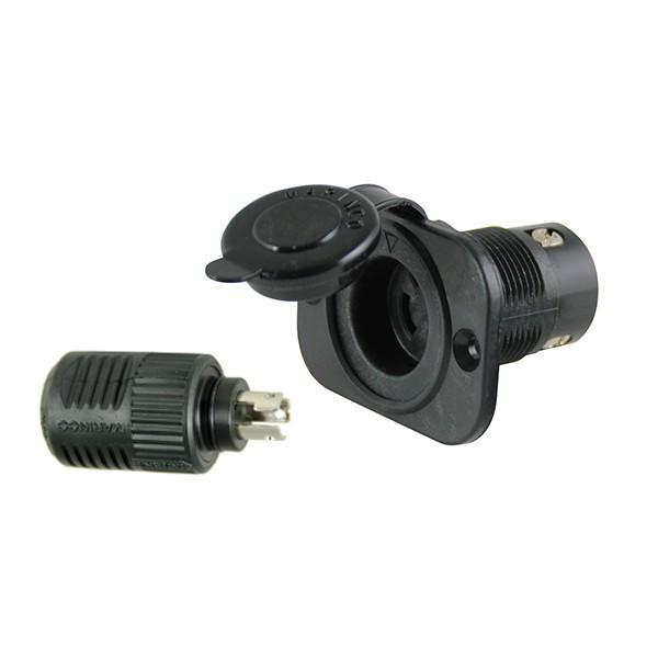 商品コード：770782トローリングモーター(エレキ)用の電源ソケットセットです。差し込んでひねると抜け止めのロックができます。12V、12V/24V、24V、24V/36V、36V仕様に対応できます。■ボート側プレートサイズ：42.5mm...