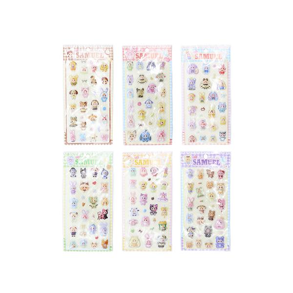 商品サイズ(台紙サイズ）：10×20.5cm　人気キャラクター「サミュエル」シリーズのぷっくりシールが新登場！全部で6種類のアソートです！全種類集めてシール交換しよう！【関連】景品 おもちゃ 子供会 縁日 祭り イベント ライブ お祭り 人...