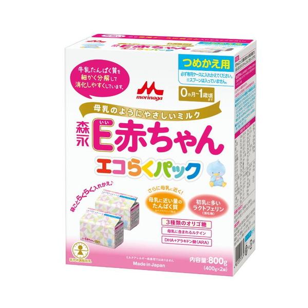 日本初の詰め替え用ミルクエコラクパック詰め替え用　Ｅ赤ちゃんです。Ｅ赤ちゃんの商品特性は、ミルクのアレルゲン性に配慮したミルクです。ミルクアレルギー疾患用ではありません。
