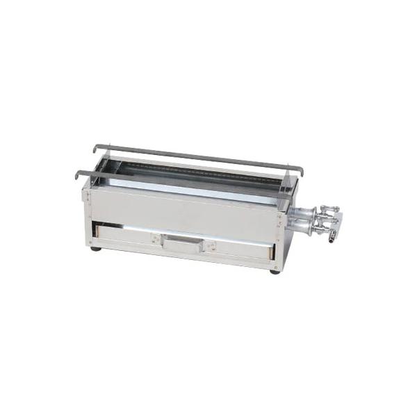 串打ちした鶏などの炙り焼きに適した、横長形状のグリルコンロです。美味しい焼き鳥は火力が焼く上で重要です業務用のコンロは旨味を逃がさず一気に外側を焼くので鶏肉本来のジューシーさを逃がしません。・ガス式焼き鳥器は、マッチ点火で簡単に着火し、一気...