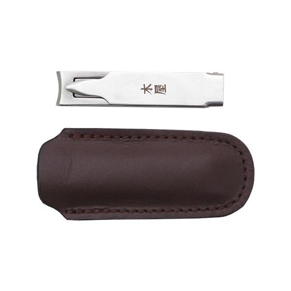 長い間市場から消えていた人気の箱型爪切が「木屋」マークで再登場しました。切れ味が良く、薄く折りたためる爪切です。携帯に便利な革ケース付サイズ：58x12x6mm<br>材質：本体・ステンレス鋼、ケース・牛革