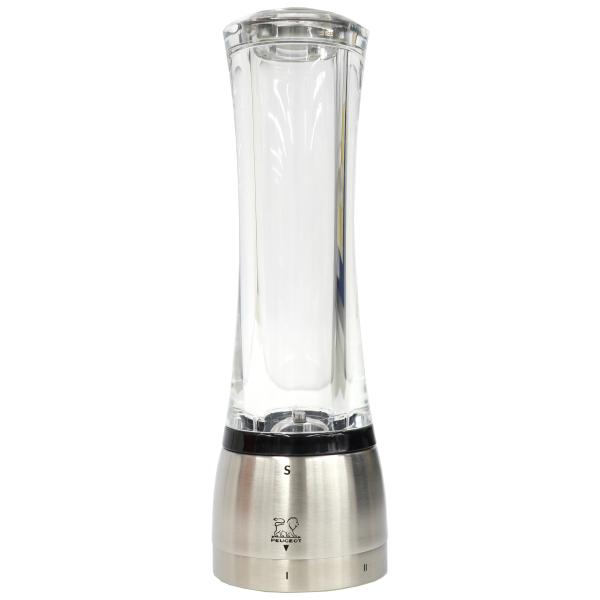 特別価格での掲載です。ステンレスとアクリル樹脂が美しい現代的なデザインのソルトミルです。上部蓋部分がマグネット式になっています。サイズ：21cm材質：ステンレス鋼（ミル）、ステンレス＋アクリル＋ポリカーボネート（ケース）