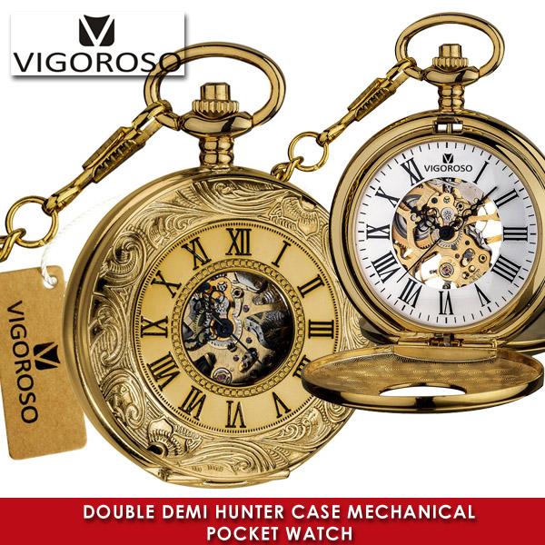 品名：VIGOROSO/ヴィガァロォゥソ懐中時計商品番号：VIG-3047 DOUBLE DEMI HUNTER CASE MECHANICAL POCKET WATCH（表側蓋中央部の丸い箇所にガラスは付いていません)防水：非防水ケース外...