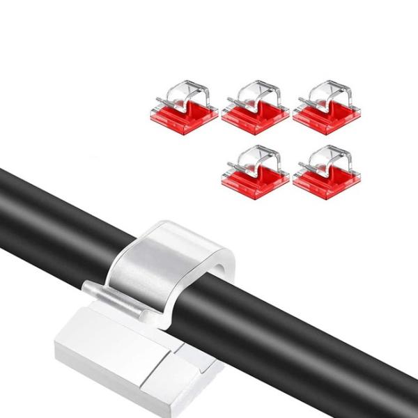 こちらの商品は5個セットです。ケーブル・コードをスッキリまとめる ケーブルライン固定バックルカラー：クリアサイズ：画像参照直径4ｍｍまでのケーブル対応パソコンや車、家電製品、電飾のコードをすっきりできます。壁に貼り付けるタイプなので、埃まみ...