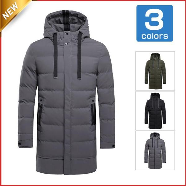 中綿ジャケット 中綿コート ミディアム丈 アウター ジャンパー フード付き 立ち襟 中綿ブルゾン コート ロング丈 メンズジャケット 無地 シンプル カジュアル 厚手 防風 防寒 暖か 秋冬服品　番jinbin01カラーグレー、ブラック、ア...