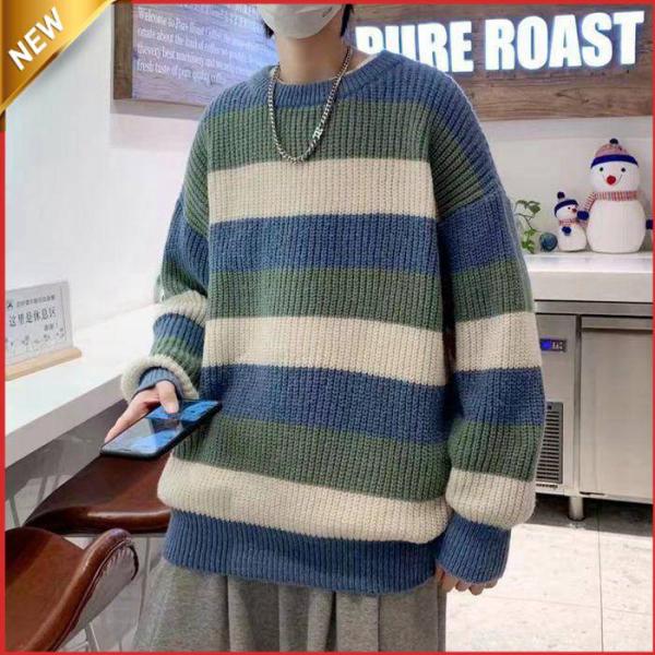 ニットセーター ボーダー 配色 メンズ クルーネック ゆったり ス ニット セーター 無地 秋冬 シンプル 長袖 男性 秋冬 防寒 ルーズ リブ裾品　番mingwei06カラーブルー、ブラック、杏色サイズL、XL、2XL素　材ポリエステルご...