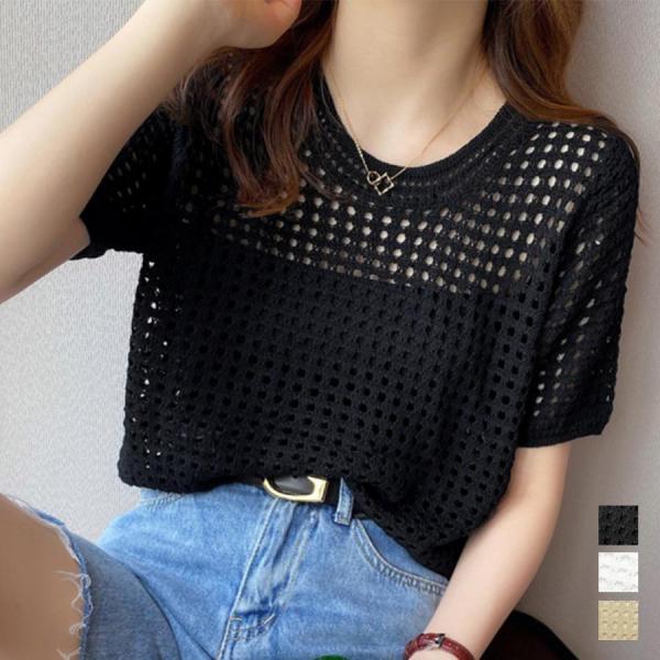 素材：綿65％+ポリエステル35％カラー：ブラック/ベージュ/ホワイトサイズ：ワンサイズ着丈:約55cm 肩幅:約36cm 袖丈:約23cm ゆき:約41cm 身幅:約43cm 胸囲:約86-130cm裏地：なし伸縮性：あり透け感：あり※デ...