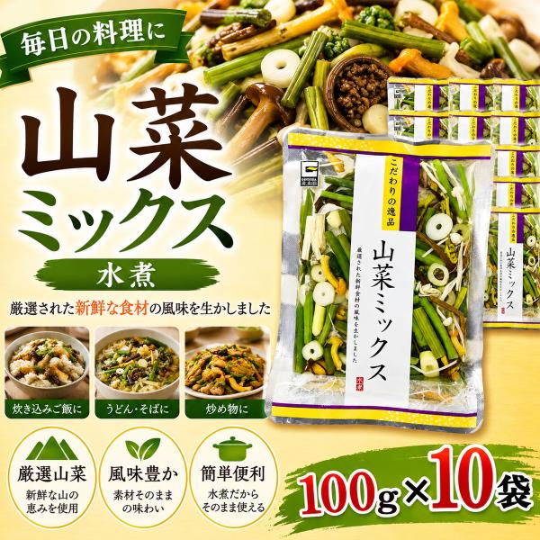 【100g×10袋セット】・商品説明文厳選した6種類の山菜ときのこをバランスよくミックスした、便利な水煮タイプの山菜ミックスです。わらび・芋づる・細竹・なめこ・えのき茸・きくらげをひと袋に詰め込み、それぞれの豊かな風味と食感を活かしました。...