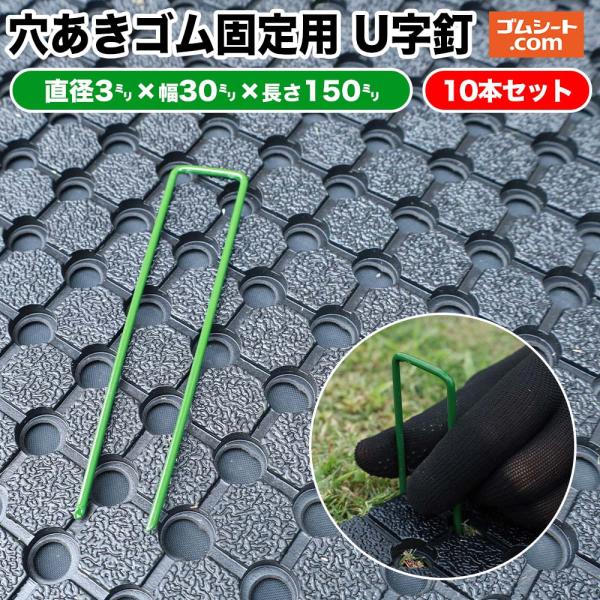 駐車場のぬかるみ対策、歩行路の水ハケ対策などに効果的な”全面穴あきゴムシート”のズレを予防するアイテムです。●こちらは10本で1セットの商品です●材質…スチール製●色…緑●重量…製品10本あたり180g程度●サビに強い亜鉛加工●強度、耐久性...