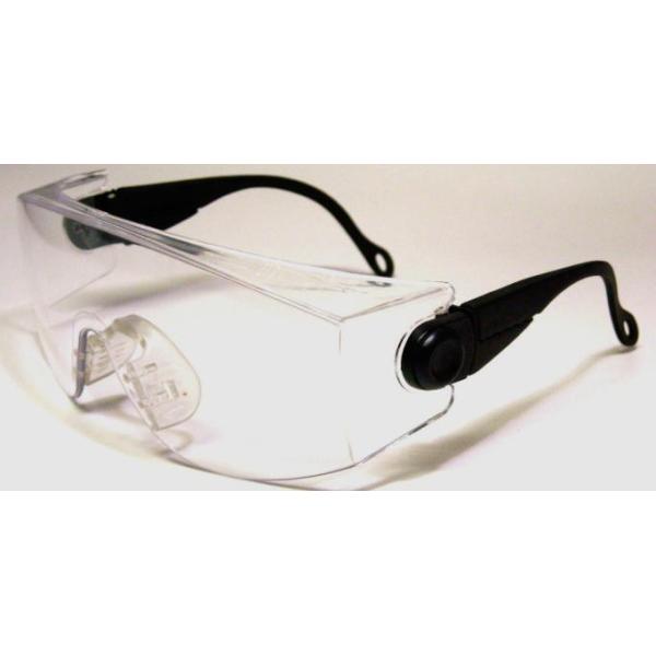 粉塵などがとびちる作業の防護メガネにクリアレンズタイプで視野も広く、ツルは長さ、角度 が調整できます。