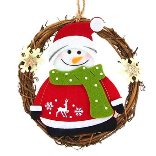 小柄なツルのリースにフェルト素材のスノーマンが付いた可愛いクリスマスリースです！【サイズ】約直径16cmX奥行1.5cm