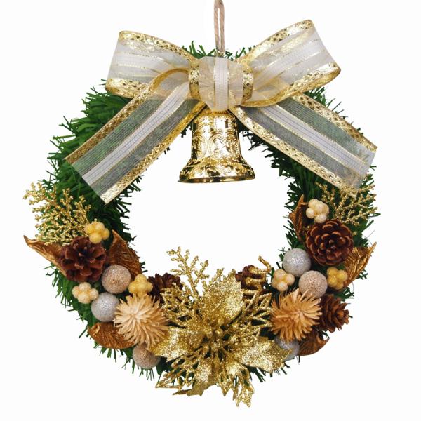 お洒落な街の神戸でデザイナーによって１つ１つ丁寧に手作りされている非常に珍しく希少な国内生産品です。中央部分にキラキラ輝く上品な「ポインセチア」が配され、その周りにも実物や松笠がたっぷりと付いている綺麗なクリスマスリースです。ベースの内部に...