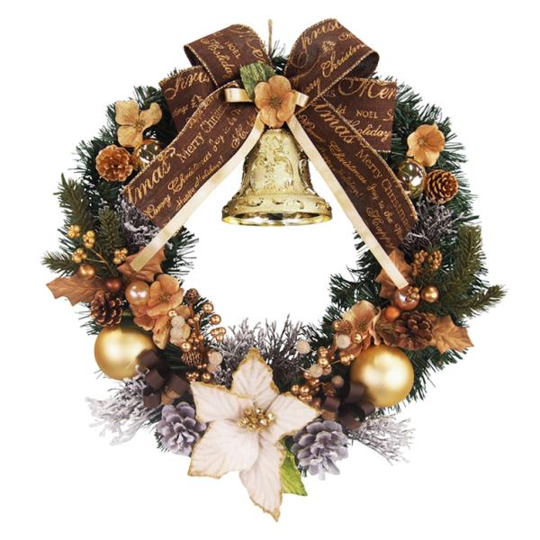 お洒落な街の神戸でデザイナーによって１つ１つ丁寧に手作りされている非常に珍しく希少な国内生産品です。<br>ダークブラウン色のリボンに金字でmerry christmasの文字が入った色合いバッチリ上品で気品のあるクリスマスリー...