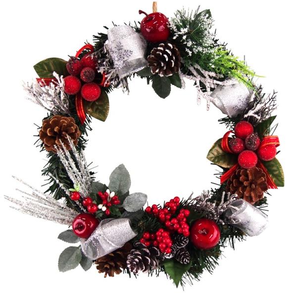 お洒落な街の神戸でデザイナーによって１つ１つ丁寧に手作りされている非常に珍しく希少な国内生産品です。上品に優しく降りかかったスノーが美しいおしゃれなクリスマスリース25cmナチュラルスノーレッド。赤実や雪がけ松かさや可愛いアップルを贅沢に飾...