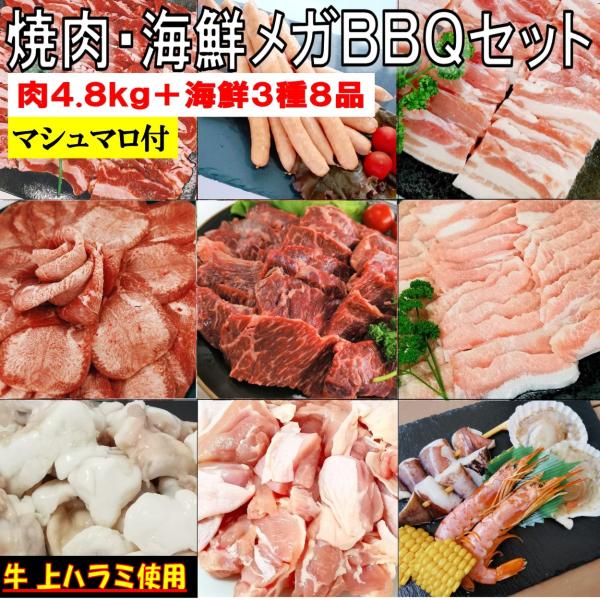 メガ盛り 肉 バーベキュー 食材 セット 焼肉セット 4.8kg ハラミ 焼肉 牛タン 薄切りXXLのマシュマロ１袋（10個入り）おまけ付き！（冷凍便でのお届け）セット内容牛タンスライス　２.5ｍｍ　５００ｇ牛　上ハラミ　１０００ｇ牛バラカ...