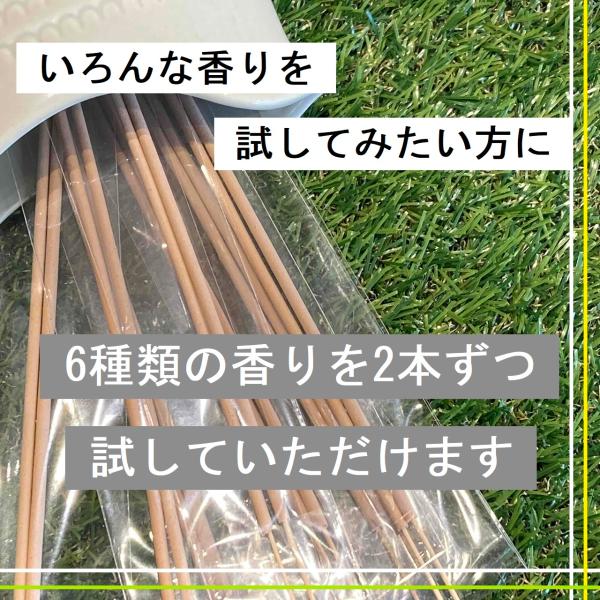 いろんな香りを少しずつ試してみたいと思った方におススメの「アソート6種」♪スティックのお香が、6種類2本の合計12本入ったお試し商品です。お香を初めてみたいと思われた方、いろんな香りを試したい方におススメです。まずはいろんな香りを少しずつ試...
