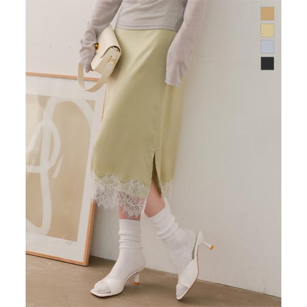 選べる2タイプミディorロング裾レースサテンスカート上品さ纏うサテンスカート。繊細な裾レースをほどこしドレッシーなムードもプラスした表情ゆたかなデザインが魅力。一枚でもパンツとレイヤードさせても可愛く着回していただける裏地付きナロースカート...