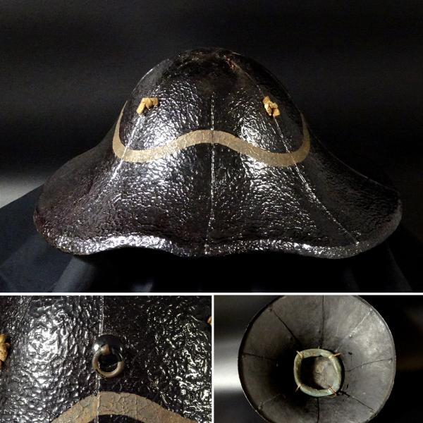 素晴らしいお品です。　　　江戸時代 鉄地 八間 黒漆塗 波紋 陣笠です。　　　　江戸時代　　　　本歌の素晴らしい陣笠です。　　　　鉄板を八枚重ねた鉄地造りに黒漆塗が施された名品です。　　　状態も良好　　　画像でもお分かりのように、時代ある陣...