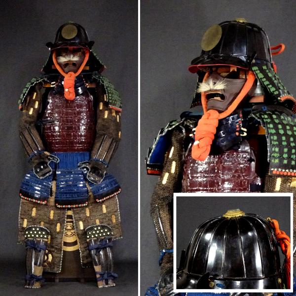 素晴らしい鎧甲冑です。　　　 江戸時代　　　鉄地黒漆塗十六間筋兜 鉄地漆塗胴 鉄地具足　　　　鉄地黒漆塗十六間筋兜　　　鍛えの良い鉄を重ね、その内、十六枚を筋立て、黒漆塗りを施した極上の兜です。　　　鉄地のしころも見事で、鍍金が施された八幡...