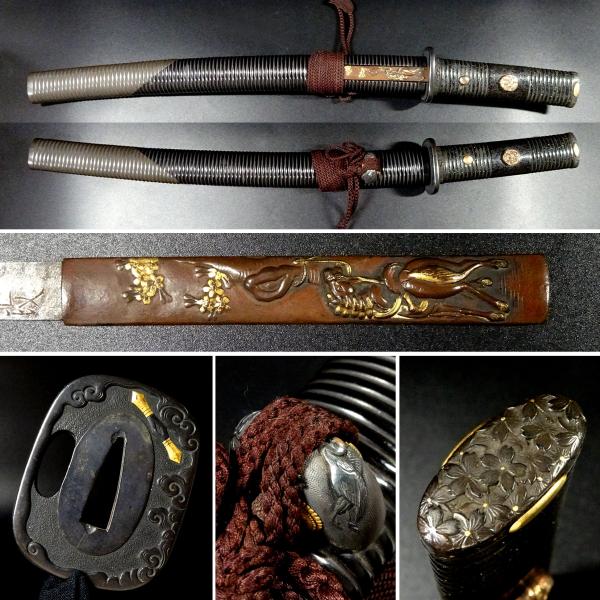 素晴らしい短刀拵えです。　　　黒漆塗蛇腹片身変わり鞘　　四分一魚子地高彫赤銅象嵌 鶴の図栗型　　　鐔：赤銅石目地 金象嵌独鈷杵宝剣図鐔　　　　小柄：素銅地高彫 金象嵌色絵 桜花に馬の図　　　小柄穂：在銘：大和守助政　　　黒漆塗螺鈿蛇腹柄前　...