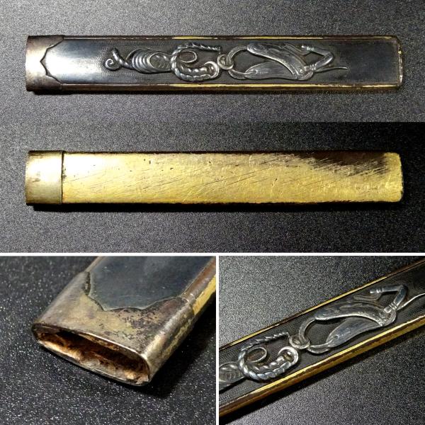 『武具図小柄』 無銘 赤銅魚子地 据紋 銀象嵌色絵 銀口 裏哺金　　　　　　極上の細工が施された、作良し、図柄良しの秀逸刀装具です。　　　　　他にも刀装具の名品の数々を出品しております。　　　　　是非ご注目下さい。【状態】良好　　　画像でも...