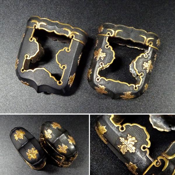 素晴らしい太刀拵え金具です。　　赤銅魚子地の一作金具　　　　赤銅魚子地 高彫 金象嵌色絵 桐の葉図　　　兜金具に、石突鐺金具です。　　　　　極上の細工が施された、作良し、図柄良しの秀逸刀装具です。　　　　他にも刀装具の名品の数々を出品してお...