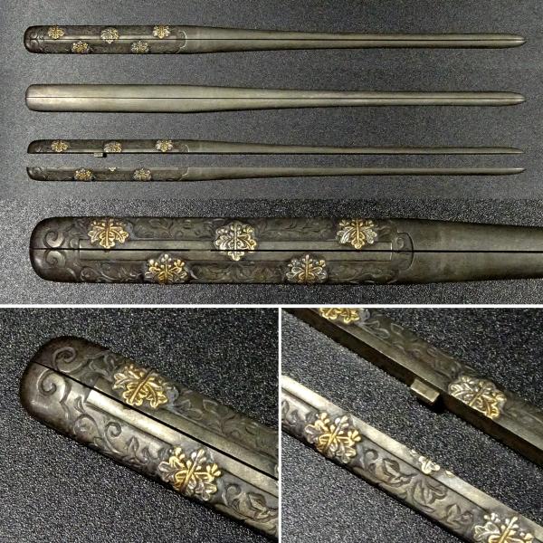 『桐の葉図割笄』  無銘 朧銀 四分一地 高彫片切彫 金銀象嵌色絵　　　　極上の細工が施された、作良し、図柄良しの秀逸刀装具です。　　　　　　　他にも刀装具の名品の数々を出品しております。　　　　　是非ご注目下さい。【状態】極上品　　　大き...