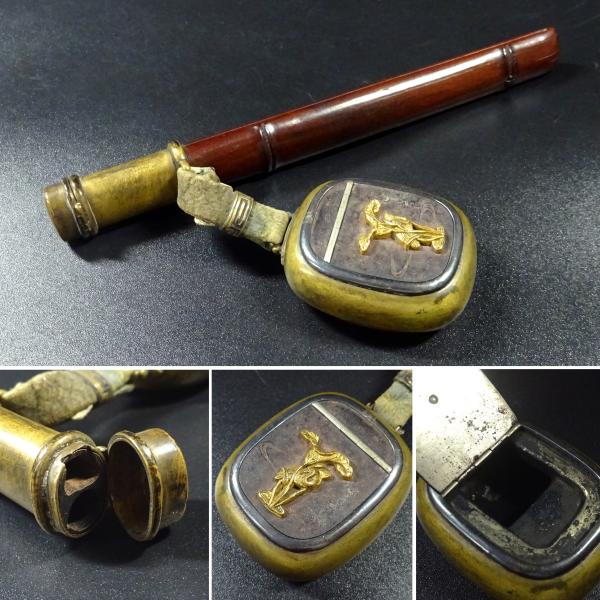 江戸時代 唐木雕竹紋筆筒 黄銅地金色絵鷺紋銀縁墨壷矢立　　　　唐木造り、印籠型の素晴らしい逸品です。　　　　　極上の細密細工が施された名品です。　　　　付属品に関しましては、画像も併せて、良くご確認下さい。　　　　　他にも矢立の名品の数々を...