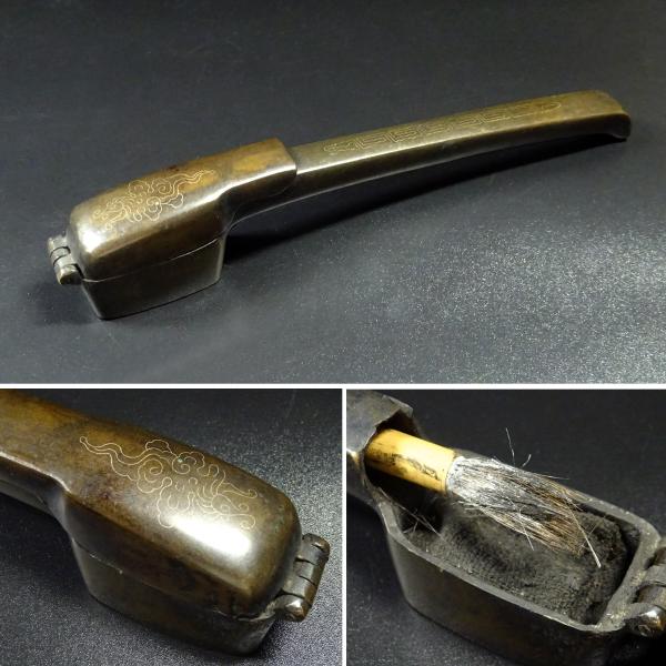 江戸時代 古銅地 本銀象嵌雷雲紋矢立　　　　筆入り　　　　　素晴らしい逸品です。　　　　　極上の細密細工が施された名品です。　　　　付属品に関しましては、画像も併せて、良くご確認下さい。　　　　　他にも矢立の名品の数々を出品しております。　...