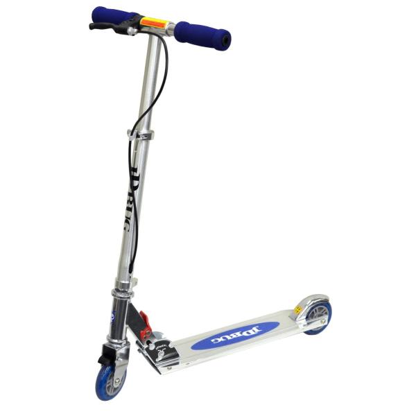 重量：2.8kg本体サイズ：L64×W34×H85耐荷重：90kg対象年齢：6歳以上材質：アルミ・スチール（一部ポリウレタン）4インチホイールフレーム　ツヤ有りシルバー前輪ブレーキ付き色：ブルー