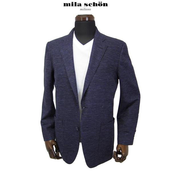 ニットジャージ調の素材は、伸縮性があり軽く涼しくこの季節にピッタリ！細かな織とミックスカラーで構成された生地柄は、光沢があり凹凸感のある素材で、爽やかなネイビーカラー。一味違った大人のジャケットに仕上がり上品さがあります。軽い着心地でタイア...