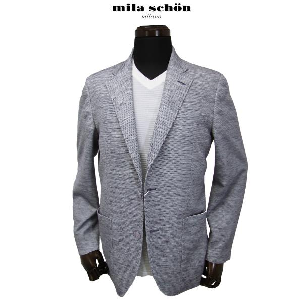 ニットジャージ調の素材は、伸縮性があり軽く涼しくこの季節にピッタリ！細かな織とミックスカラーで構成された生地柄は、光沢がありカラーは、ブルーとグレーミックスの繊細な優しいカラー。一味違った大人のジャケットに仕上がり上品さがあります。軽い着心...