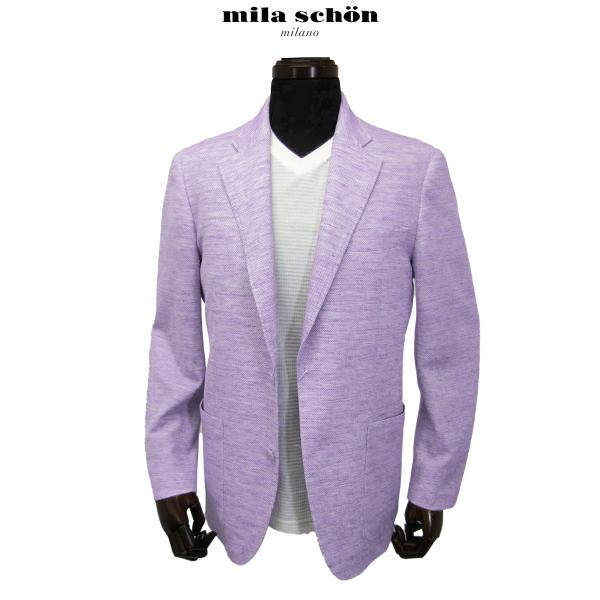 ニットジャージ調の素材は、伸縮性があり軽く涼しくこの季節にピッタリ！細かな織とミックスカラーで構成された生地柄は、光沢がありファンシーなパープルカラーは、藤色位の優しいカラー。一味違った大人のジャケットに仕上がり上品さがあります。軽い着心地...