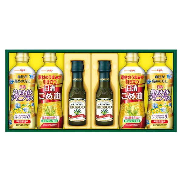 【発売日：2026年01月31日】豊かな香りと味わいのBOSCOオリーブオイルと日清健康オイルアマニプラス、日清こめを詰め合わせたギフト。■内容量：健康オイルアマニプラス・こめ油（各350g）・ボスコエキストラバージンオリーブオイル（140...